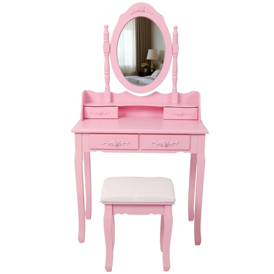 Pink Princess Vanity Desk Set with Cushioned Stool, 4-Drawer Makeup ...