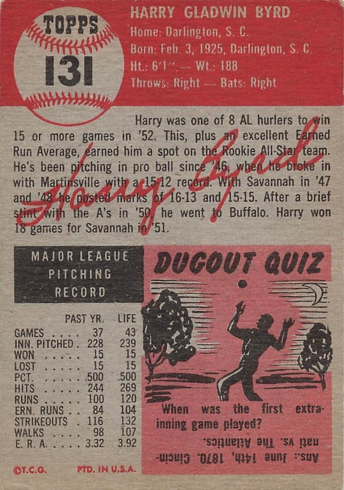 HARRY BYRD 1953 TOPPS BASEBALL VINTAGE CARD 131 PHILADELPHIA ATHLETICS ...
