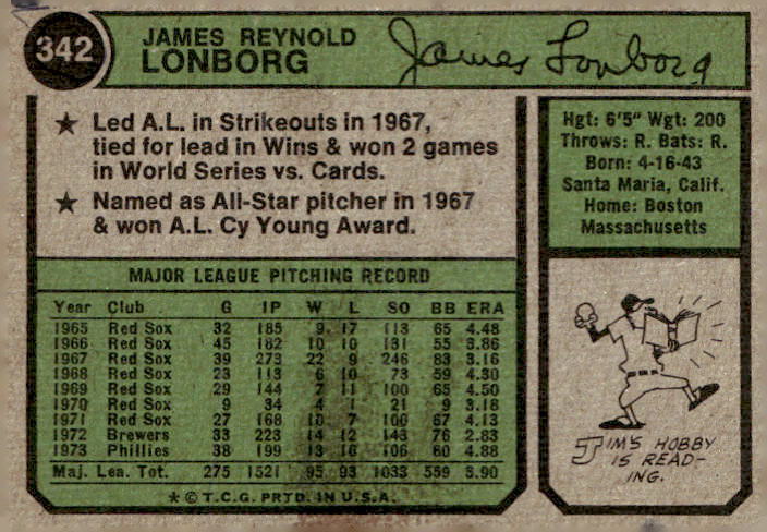1974 Topps #342 Jim Lonborg | eBay