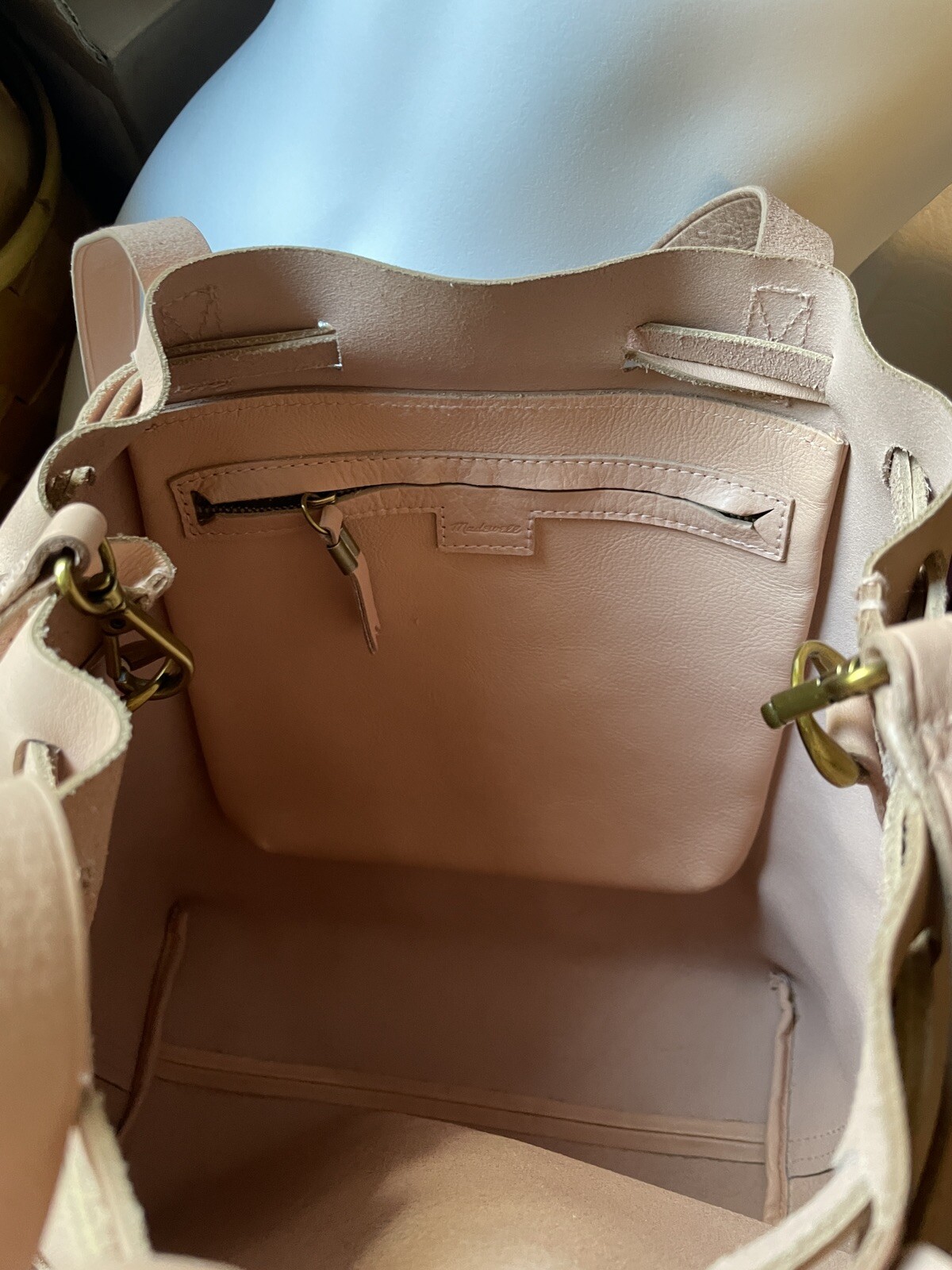 MADEWELL DRAWSTRING Crossbody Large Purse BAG TAN Natural Buff LEATHER ...