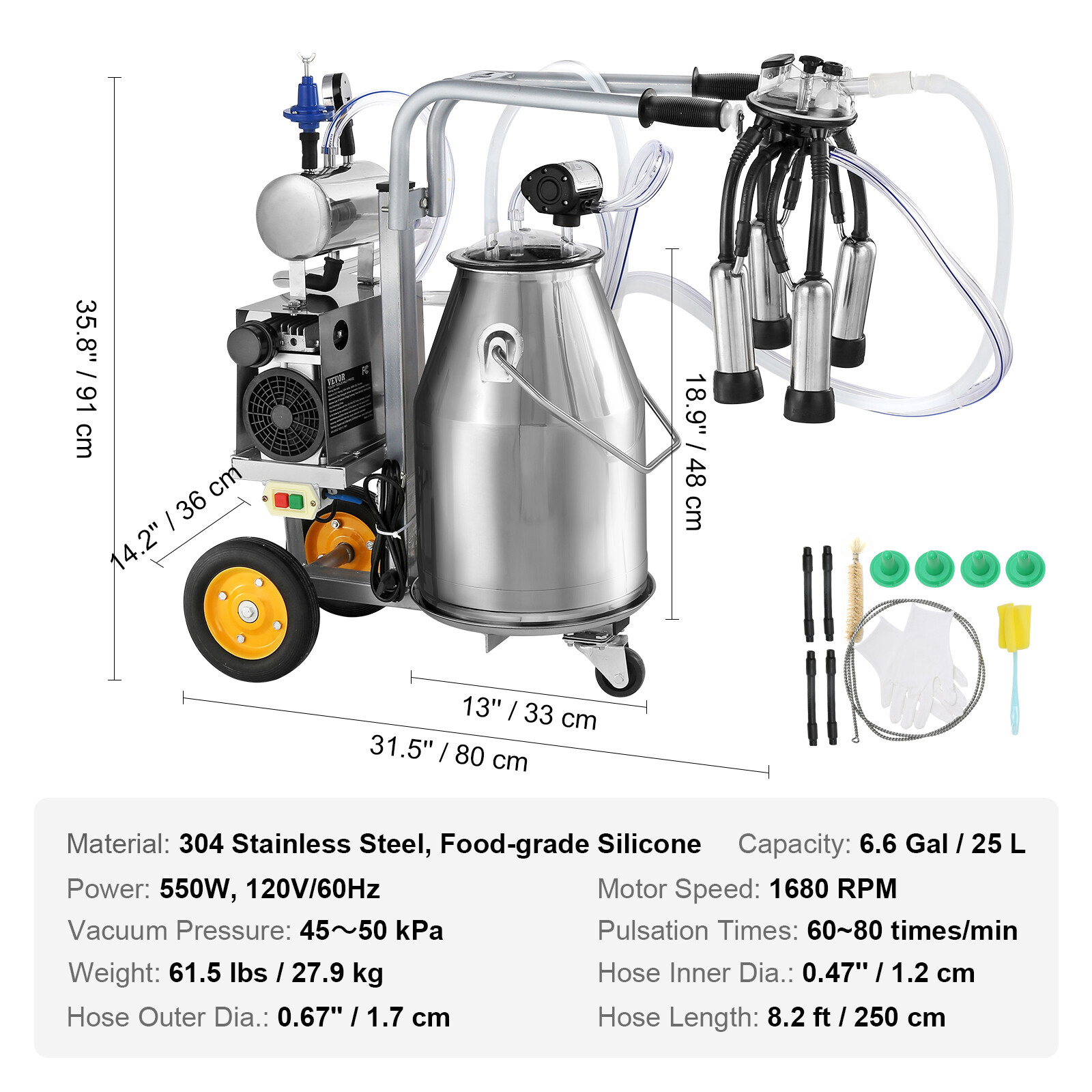 VEVOR Electric Cow Milking Machine Milking Equipment 25L 304 Stainless ...
