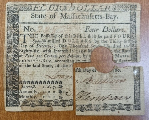 1780 Massachusetts Colonial Currency Continental Banknote Four Dollars ...