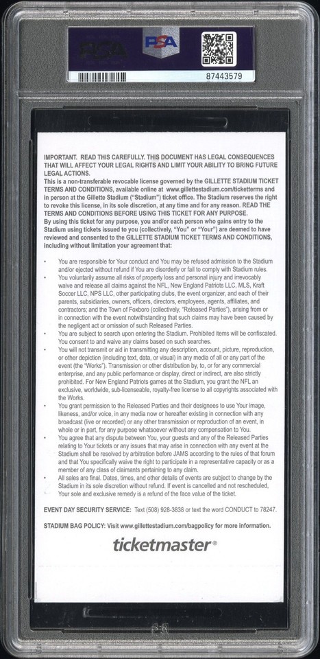 Tom Brady 500th TD Pass PSA ticket stub - PSA Authentic - Mint ...