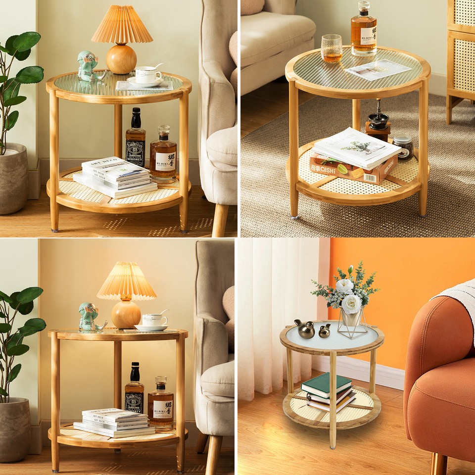 Round Coffee Table,Wood Living Room Table 2 Tiers Indoor End Table Free ...
