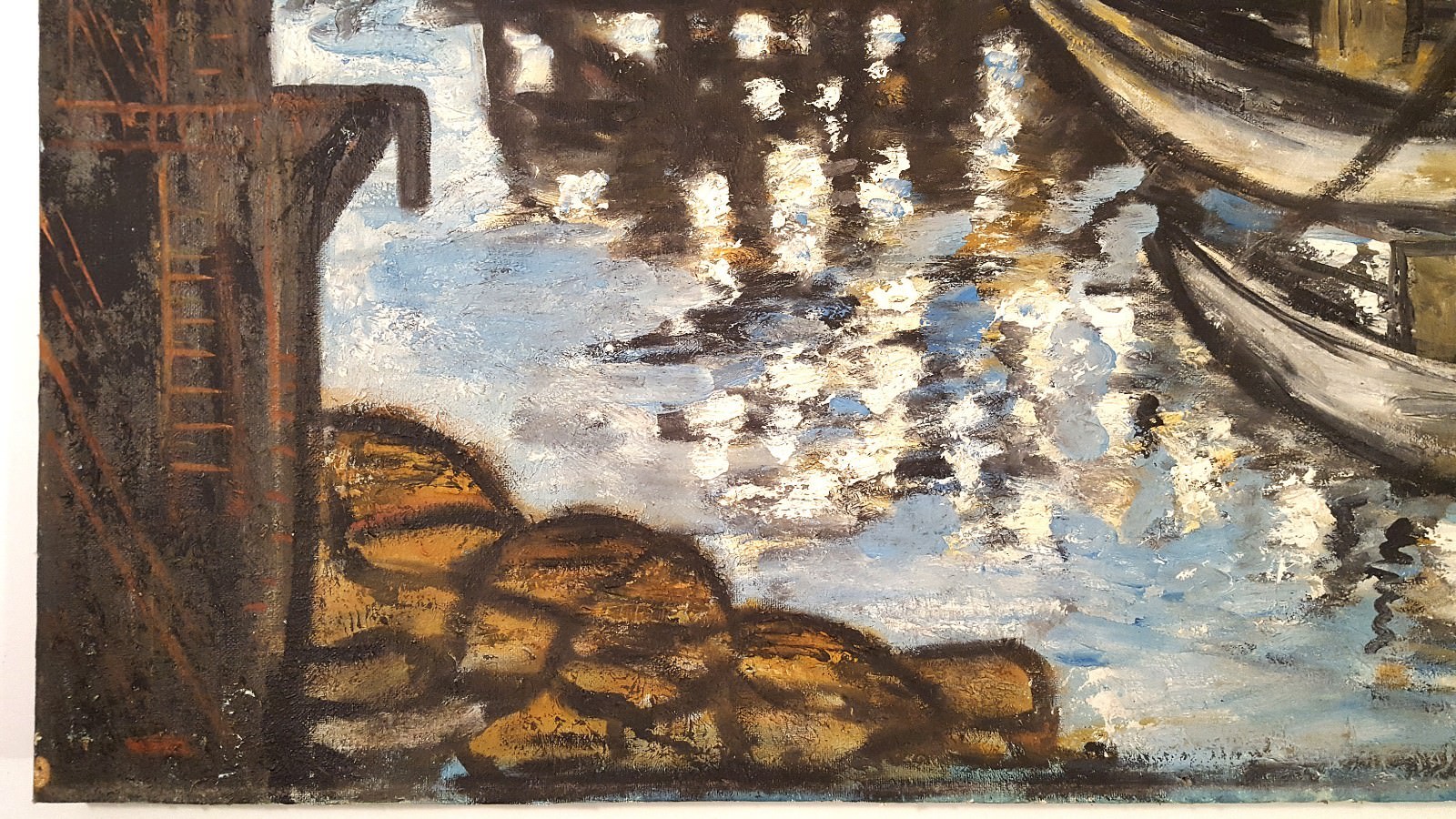 BOAT HARBOR EXPRESSIONIST LANDSCAPE VINTAGE LARGE OIL PAINTING 22x30 ...