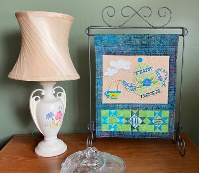 Small Handcrafted Quilt for Wall or Metal Table Top Stand Blue Tea TIme ...