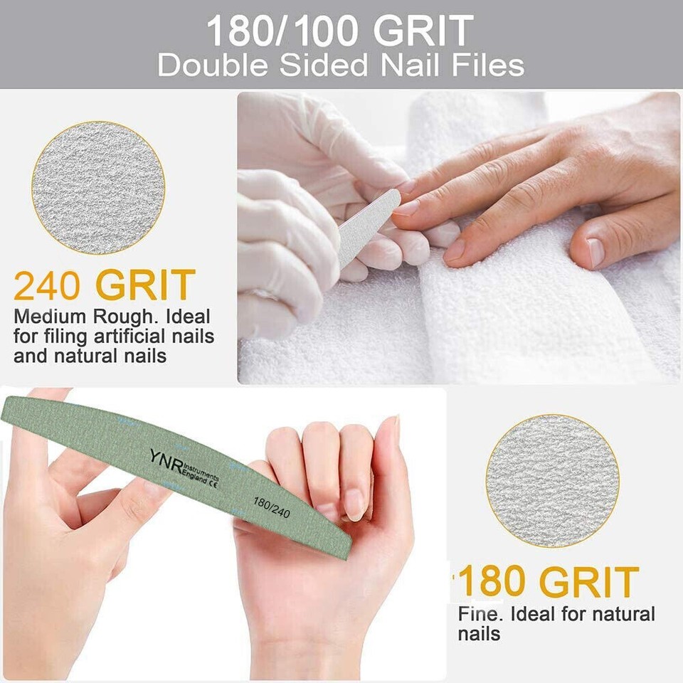 YNR 180/240 GRIT NAIL FILES PROFESSIONAL QUALITY HALF MOON/CURVED ...