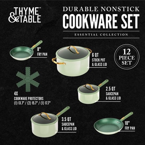 Thyme And Table Non-Stick Cookware Set, Green 12-Piece | eBay