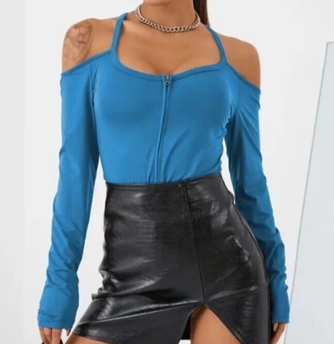 Turquoise Cold Shoulder Top Long Sleeve Zip Tshirt Blouse Size Medium ...