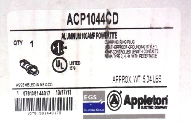 Appleton Electric Alum. 100amp Powertite Clamping Ring Plug ACP1044CD ...