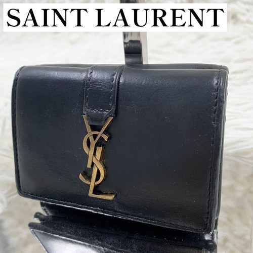 Saint Laurent Compact Tri-fold Wallet YSL logo Leather Black Gray ...