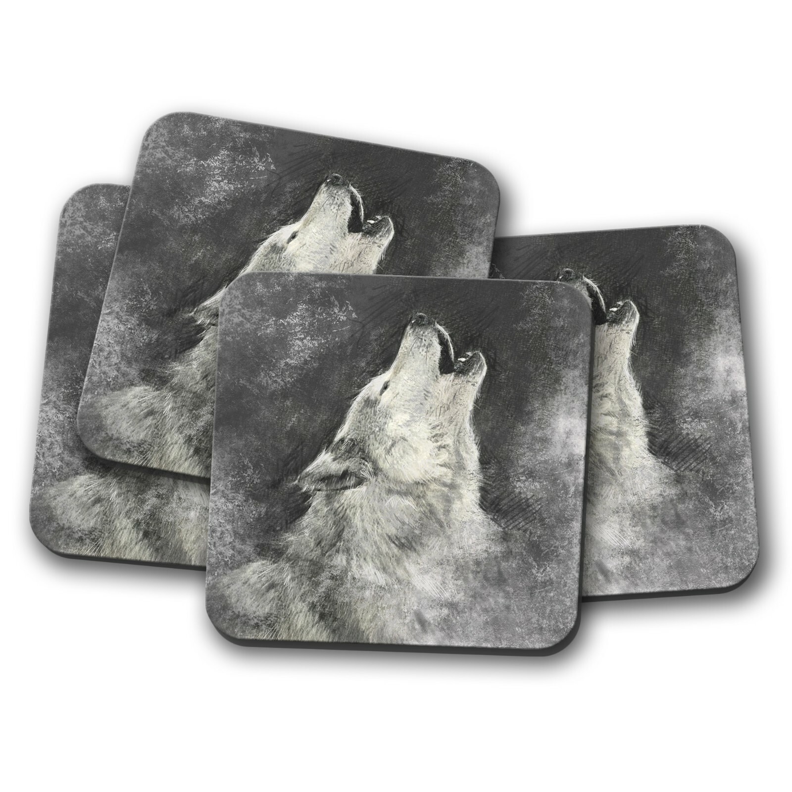 4 Set - Howling Wolf Coaster - Wolves Dog White Grey Husky Cool Fun ...