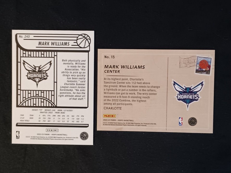 2022/23 HOOPS MARK WILLIAMS #245 & ROOKIE GREETINGS #15. RC's CHARLOTTE ...