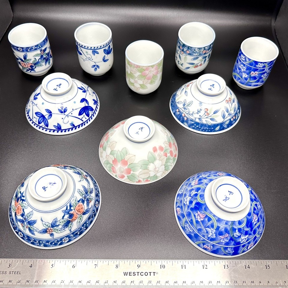 Japanese Porcelain Rice Soup Bowls & Tea Cups Set, Signed on Bottom 10 ...