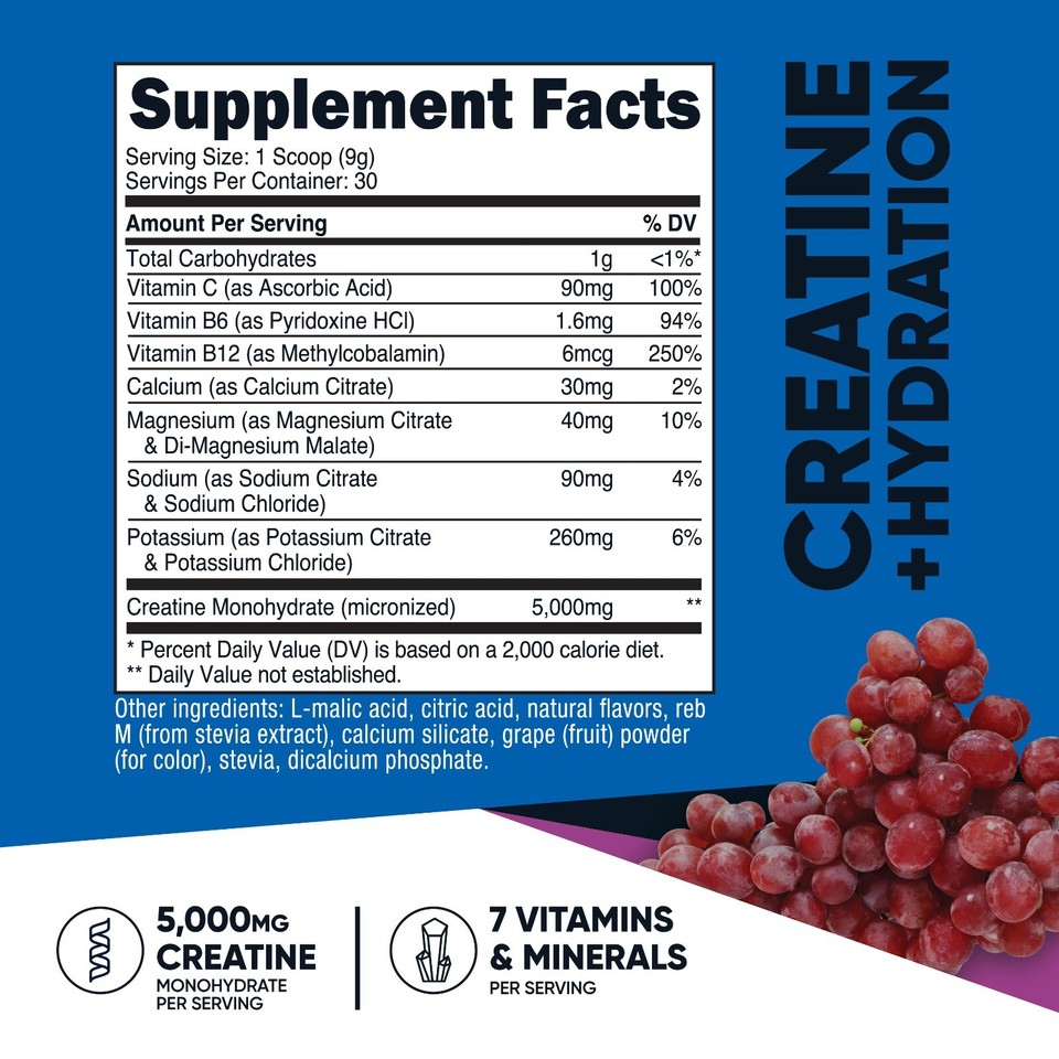 Nutricost Creatine Monohydrate + Hydration Grape Flavored, 30 Servings ...