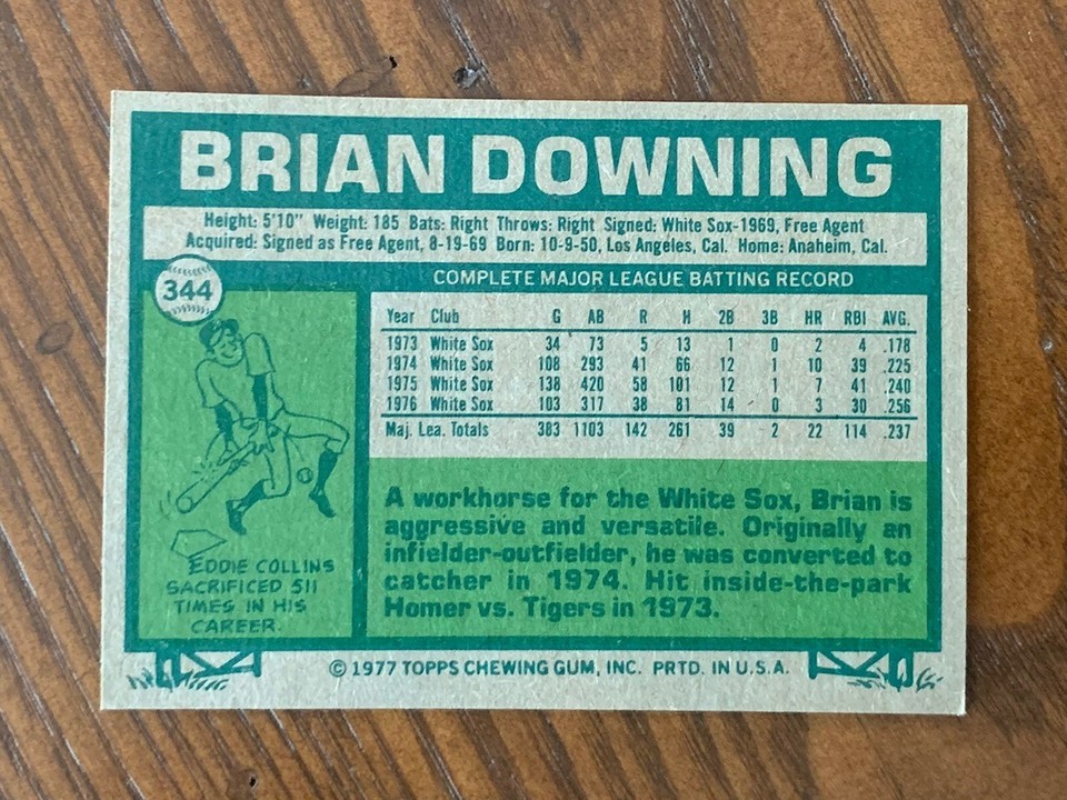 BRIAN DOWNING 1977 Topps Baseball Card #344 – CHICAGO WHITE SOX | eBay
