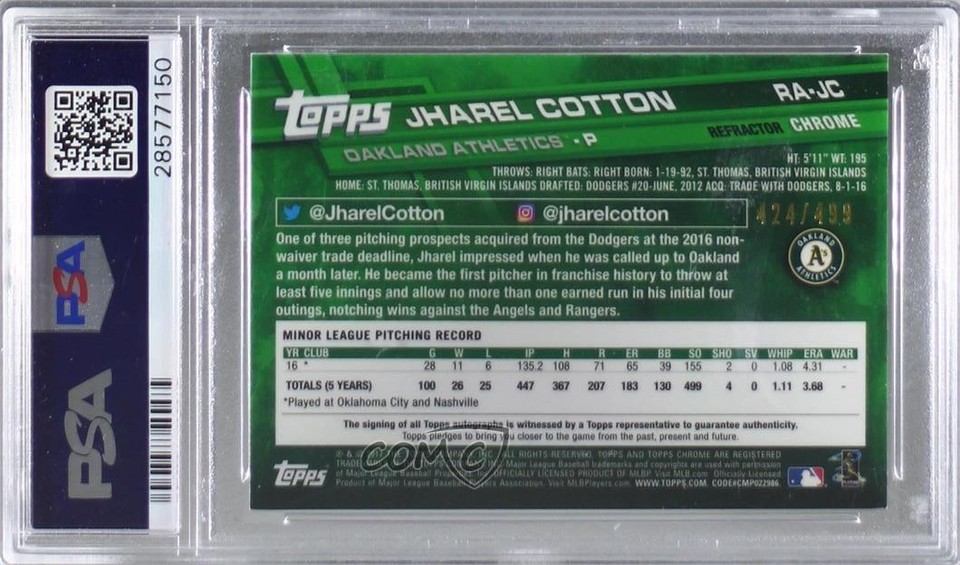 2017 Topps Chrome Rookie Refractor /499 Jharel Cotton #RA-JC PSA 9 MINT ...