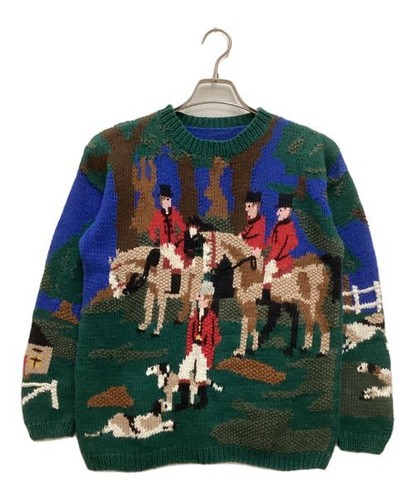 Vintage Knit Crew Neck Embroidery Fox Hunting Sweater Green Men Good ...