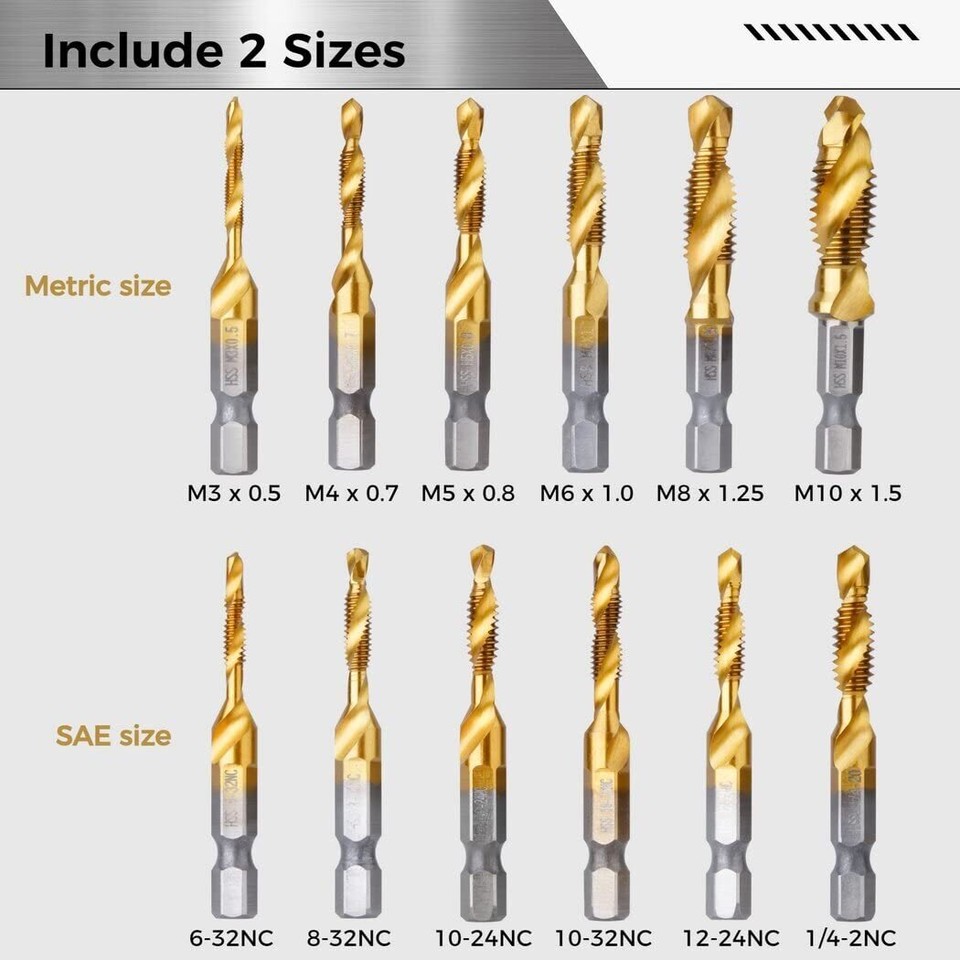 13pcs Drill Tap Bit Set, SAE/Metric Tap Drill Bit Combination Set with ...