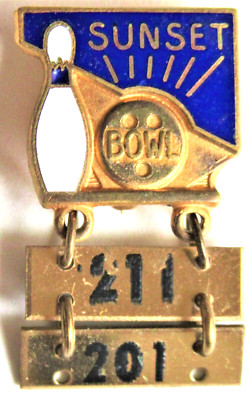 Seattle, WA 1960s SUNSET BOWL bowling alley 200 Game Award lapel PIN w ...