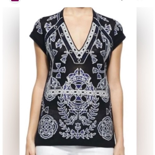 TORY BURCH Jory Lightweight Short Sleeve Knit Sweater Navy Blue Size ...