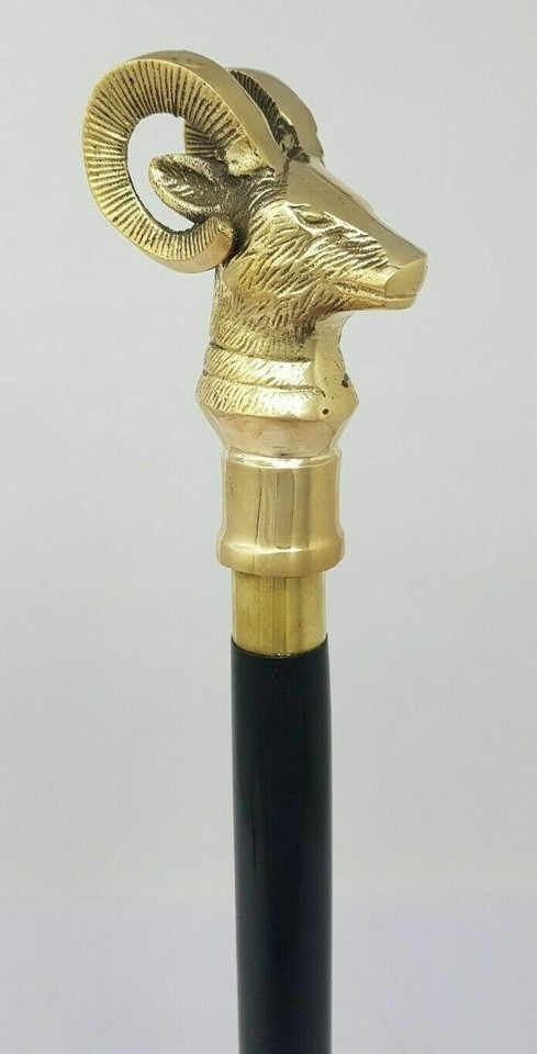 Brass Goat Design Head Handle Victorian Black Wooden Walking Stick ...