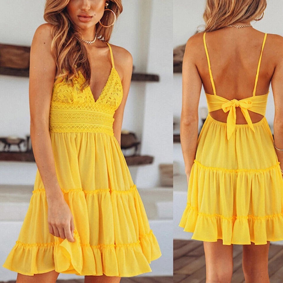 Women Boho Sundress V-Neck Lace Mini Dress Ladies Casual Summer Beach ...