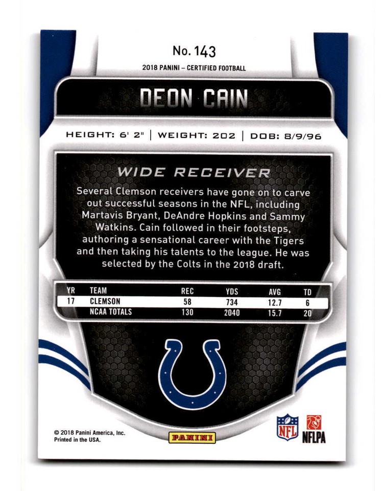 2018 Panini Certified Mirror Orange Deon Cain SN225 143 | eBay