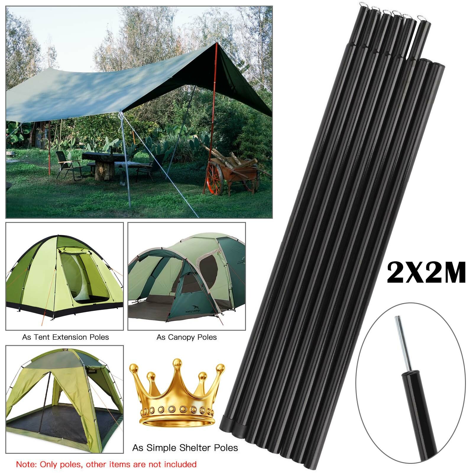 2x200cm Tent Poles Universal Telescopic Adjustable Steel Awning Canopy ...