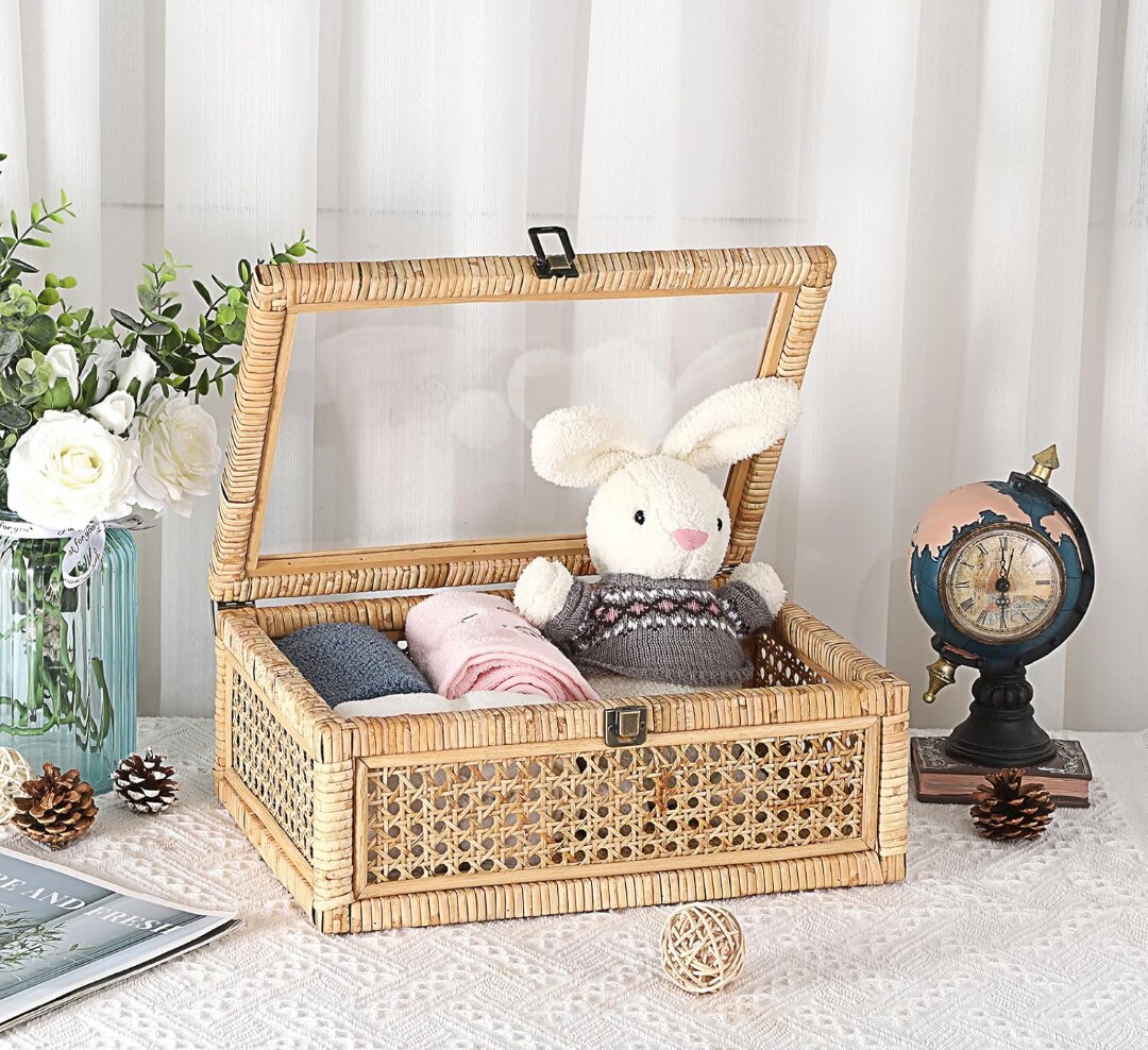 Vintage Decorative Box W/Clear Lid Rattan &Wood Display Box Large ...