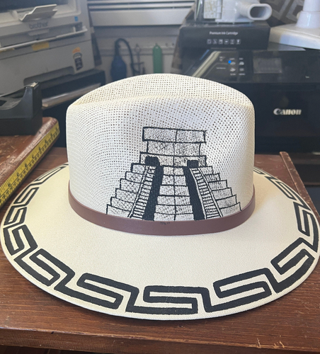Large Straw Hat, Hand Painted, Off White, Mayan, Temple Pyramids ...