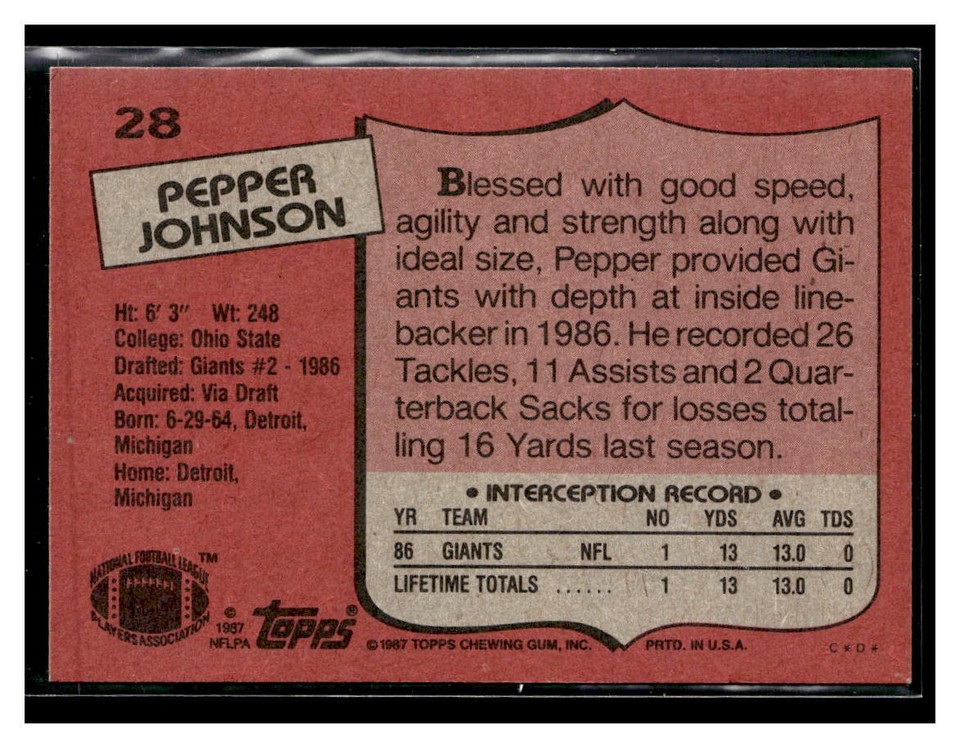 1987 Topps #28 Pepper Johnson | eBay