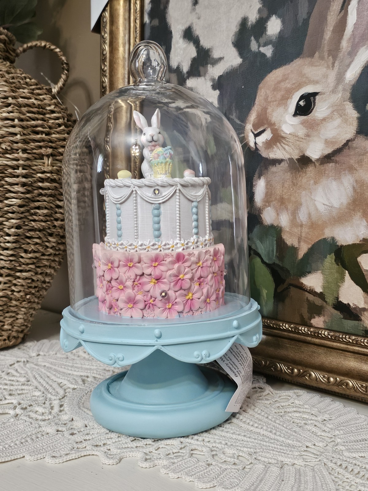 Easter Bunny Tier Cake Light Up Cloche Glass Dome Pastel Easter Decor ...