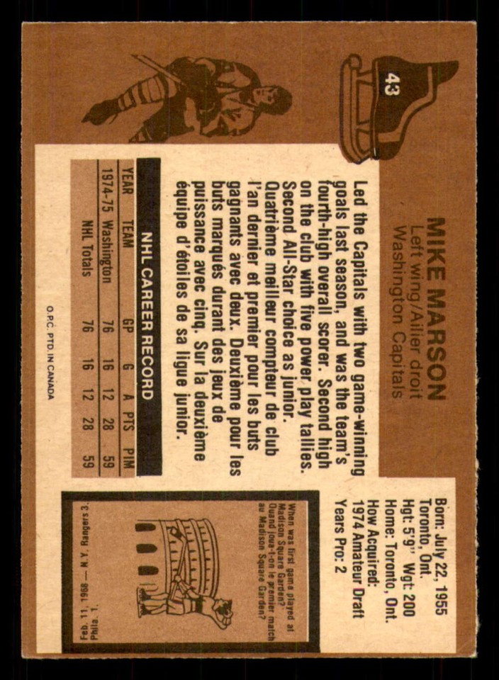1975-76 O-Pee-Chee #43 Mike Marson Excellent RC Rookie Capitals | eBay