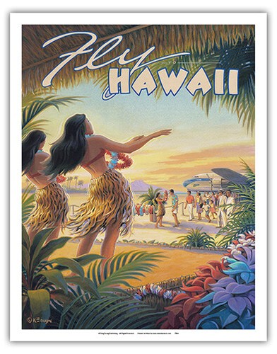 Fly to Hawaii - Hula Dancers - Vintage Hawaiian Travel Poster by Kerne ...