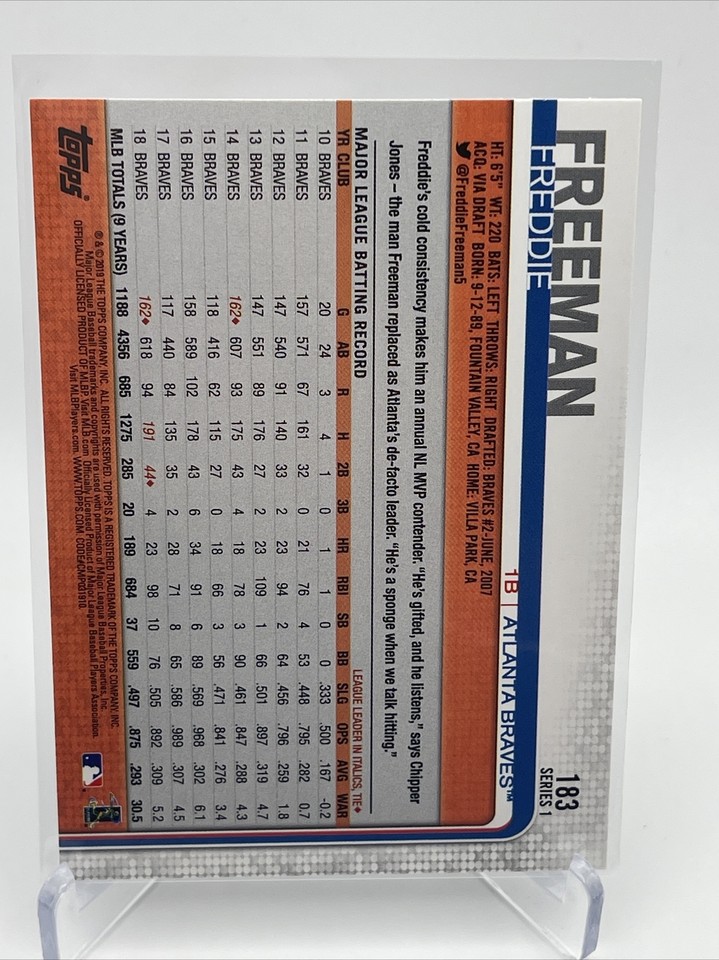 2019 Topps Freddie Freeman Baseball Card #183 Mint FREE SHIPPING | eBay