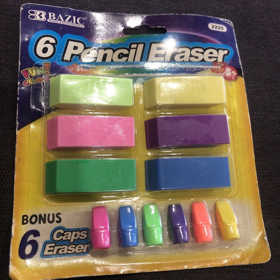 Bazic 12 pcs Neon Cap Eraser Set Wedge Colored Soft And Non Abrasive ...