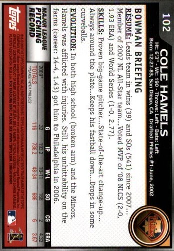 2010 Bowman Philadelphia Phillies Baseball Card #102 Cole Hamels | eBay