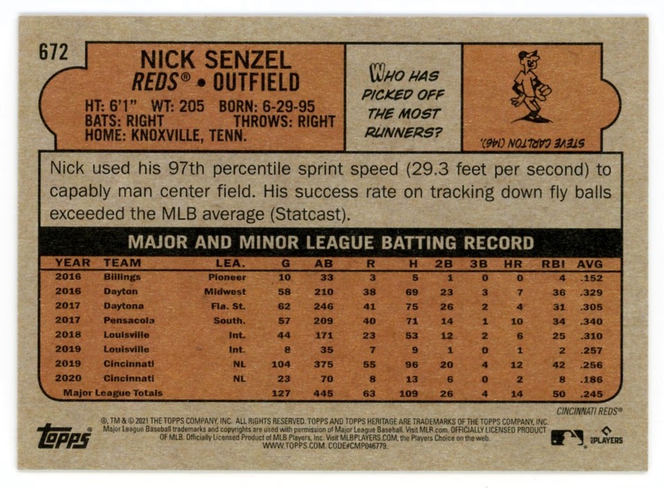 2021 Topps Heritage High Number Nick Senzel Cincinnati Reds #672 | eBay