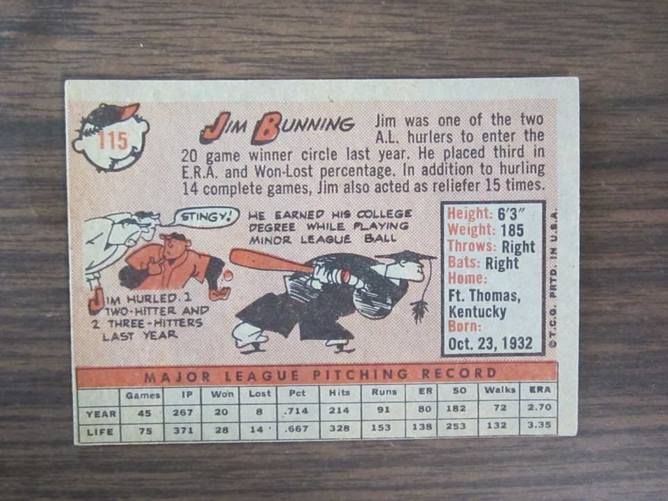 1958 Topps # 115 Jim Bunning card Detroit Tigers | eBay