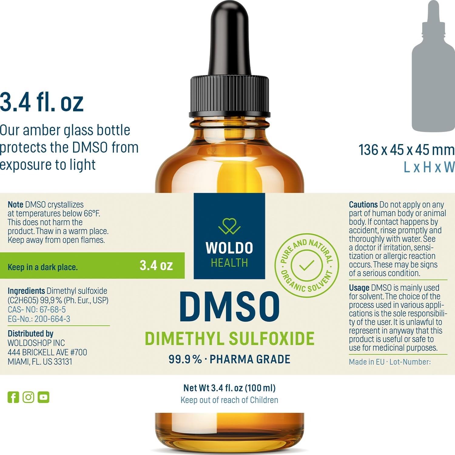 DMSO (Dimethyl Sulfoxide) 99.9% Pharmaceutical Grade 3.38Oz - Glass ...