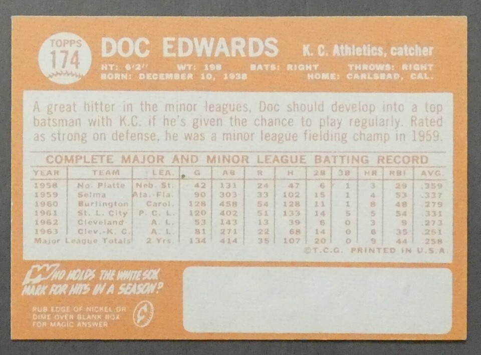 1964 Topps Baseball #174 Doc Edwards Kansas City Athletics - EX/MT | eBay