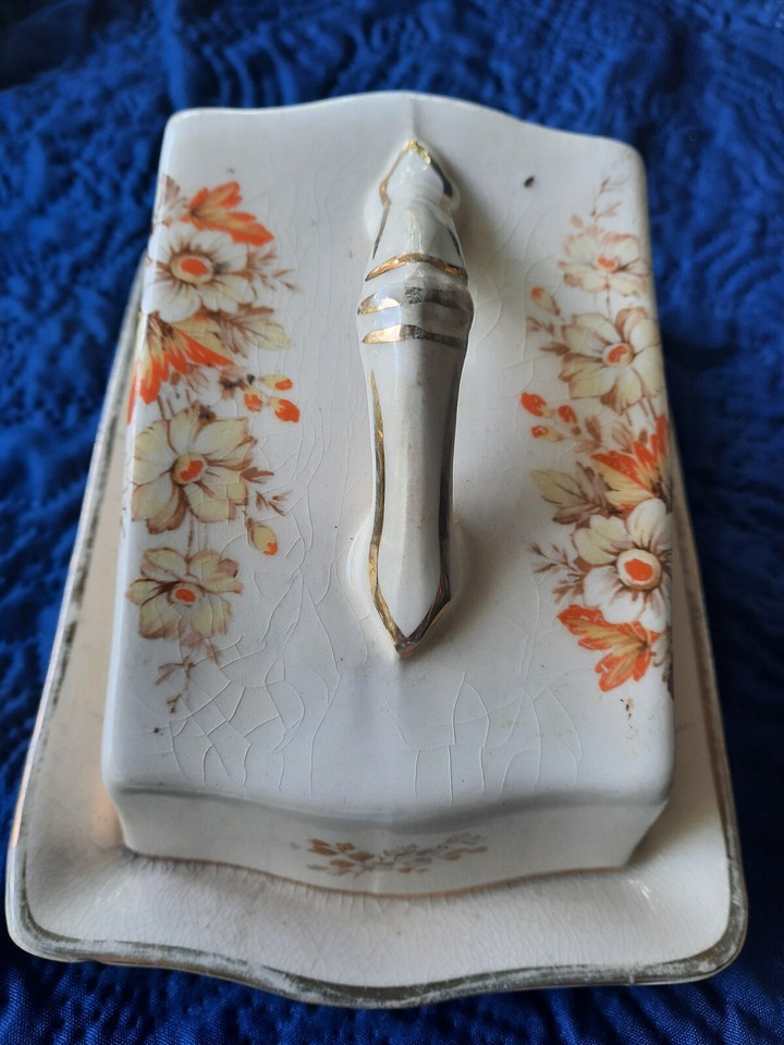 Antique Porcelain Cheese Keeper Dish Ivory Color Gold Trim Floral ...