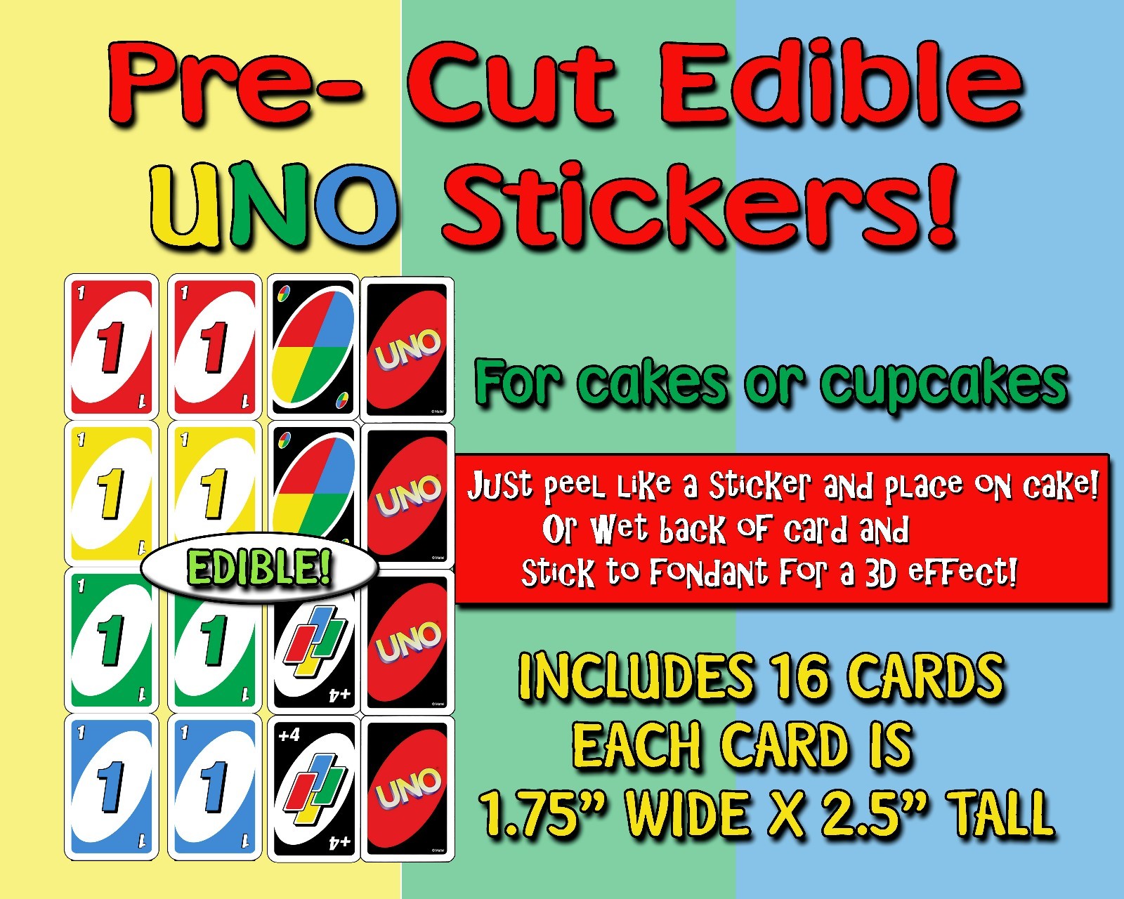EDIBLE Uno cards Cake Stickers! cut outs side of cake Sugar topper ...