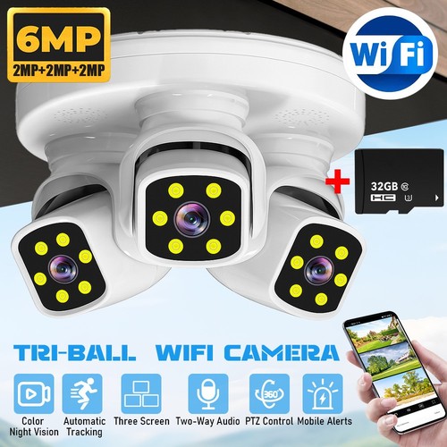 6MP WIFI Camera Three Lens Auto Tracking 360° PTZ Security Night Vision ...