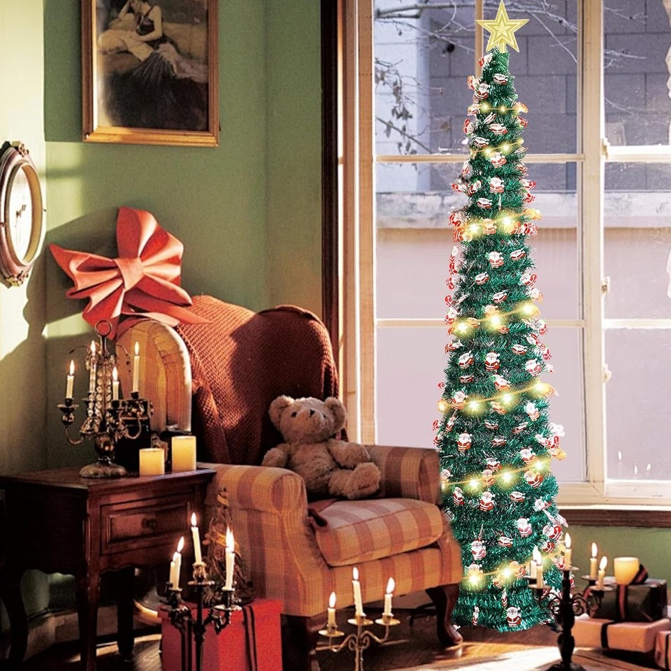 5 FT Pop Up Artificial Whimsical Tinsel Christmas Tree W/ Light&Stand ...