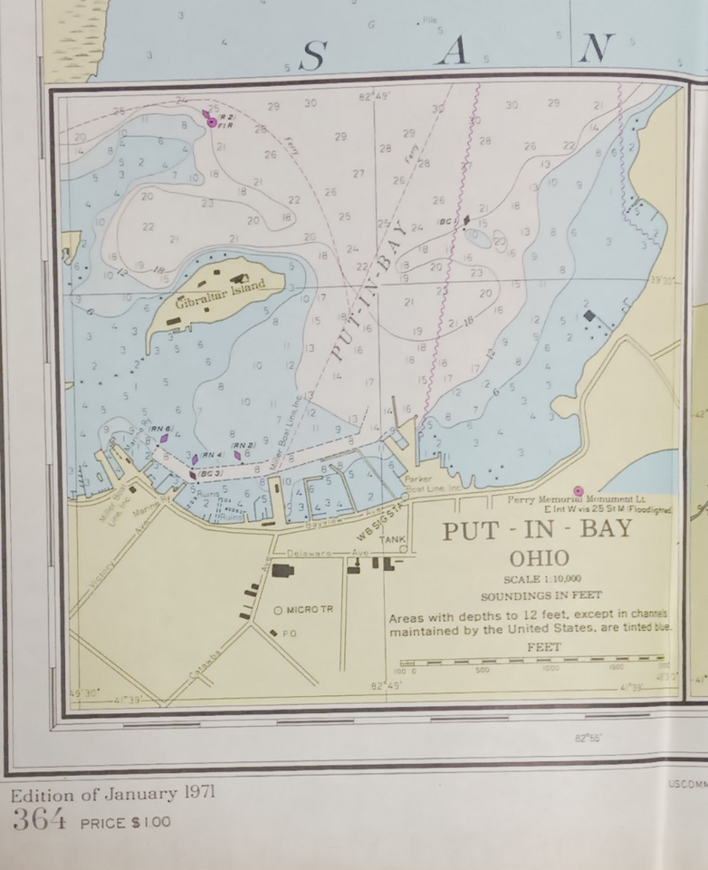 MAP 1971 ISLANDS IN LAKE ERIE color NOAA soundings in feet Put In Bay ...