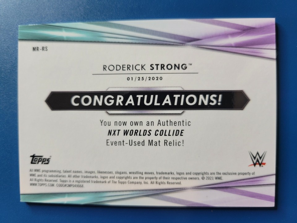 Roderick Strong 2021 TOPPS NXT "WORLDS COLLIDE" EVENT-USED MAT RELIC #D ...