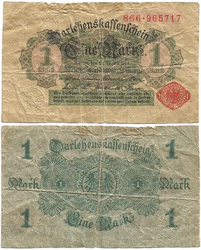 1917 World War I GERMAN EMPIRE 2nd Type EINE or "1 MARK" NOTE Year of ...