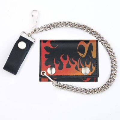 USA Made Black Leather Orange Flames Chain Wallet Tri-Fold - Trucker ...